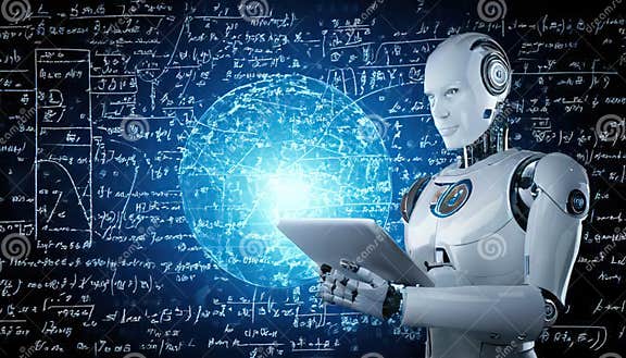 3d Rendering Humanoid Robot Using Tablet Computer with Mathematical Formulas on Background ...