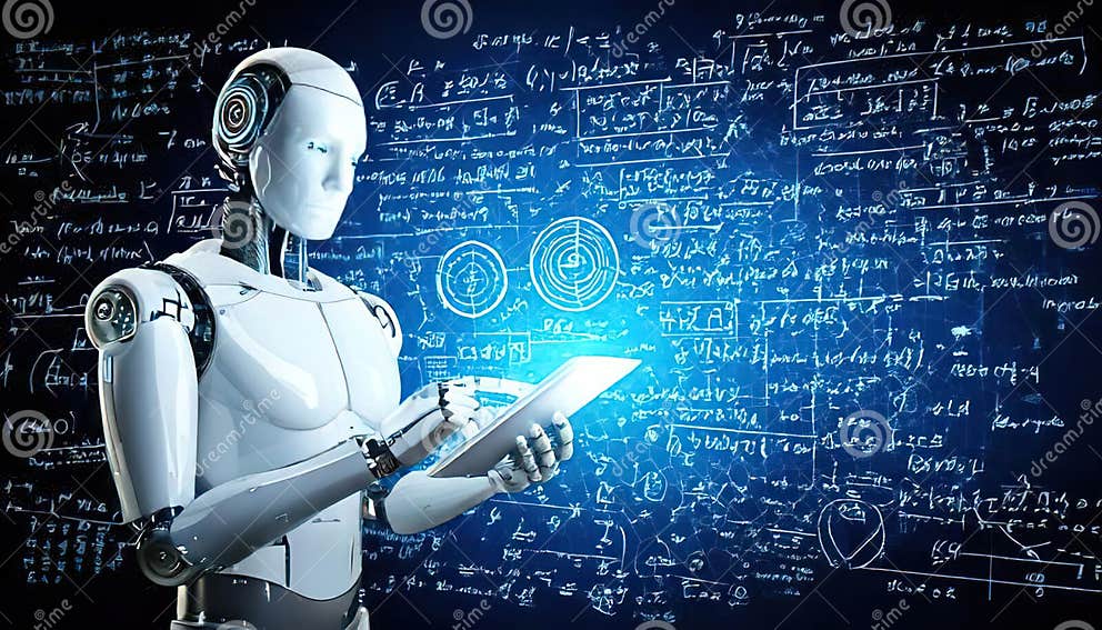 3d Rendering Humanoid Robot Using Tablet Computer with Mathematical Formulas on Background ...