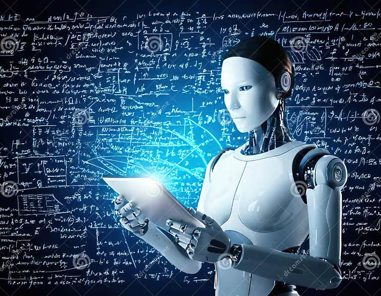 3d Rendering Humanoid Robot Using Tablet Computer with Mathematical Formulas on Background ...
