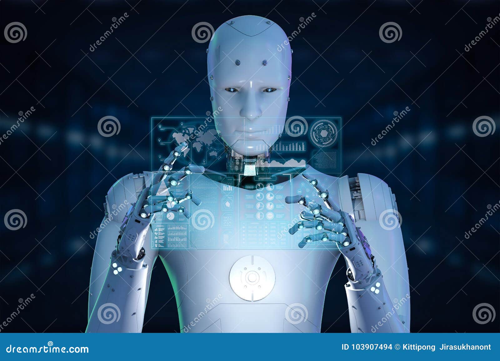Robot with glass tablet stock illustration. Illustration of screen ...