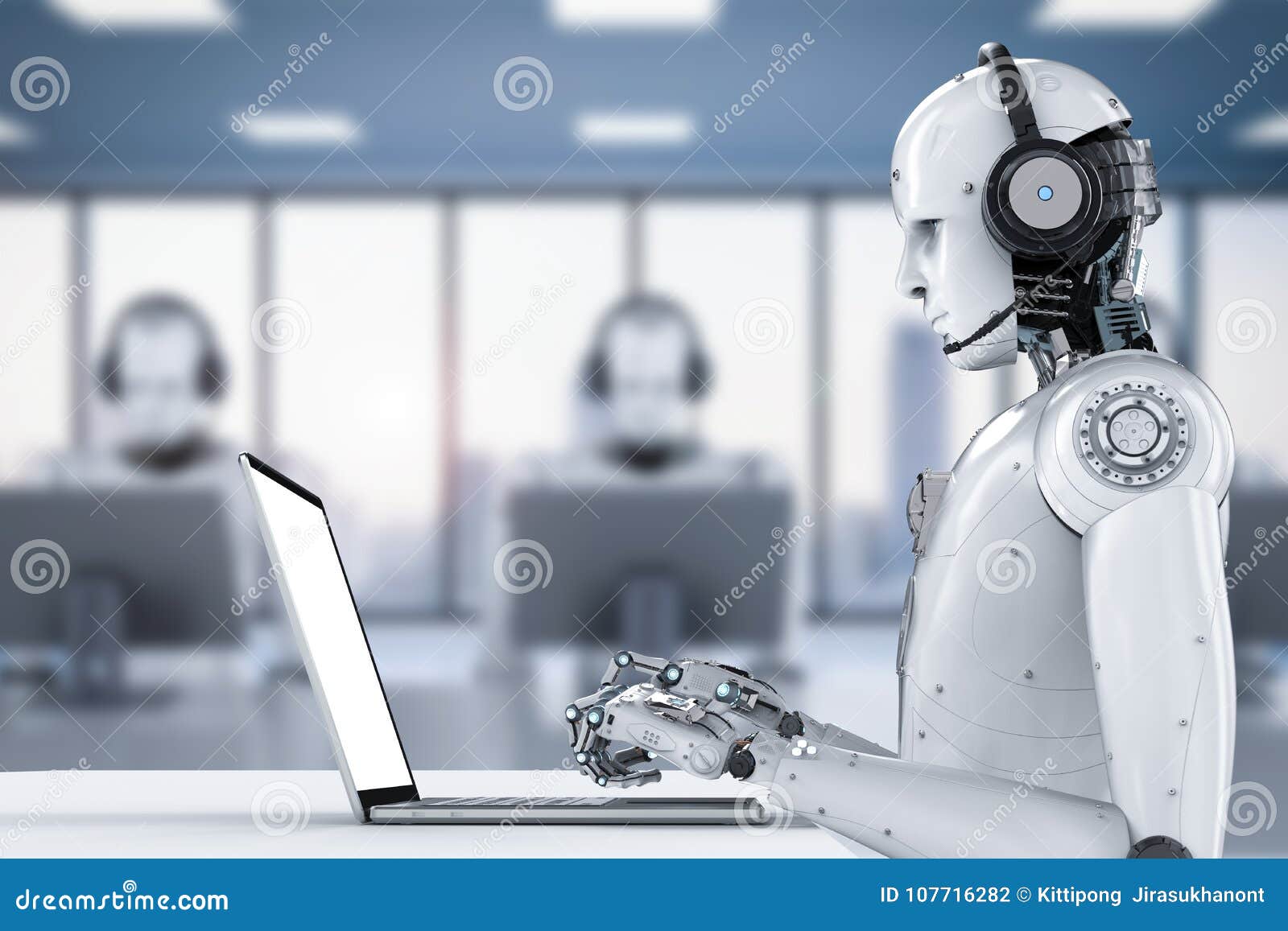 Robot with headset stock illustration. Illustration of helpline - 107716282