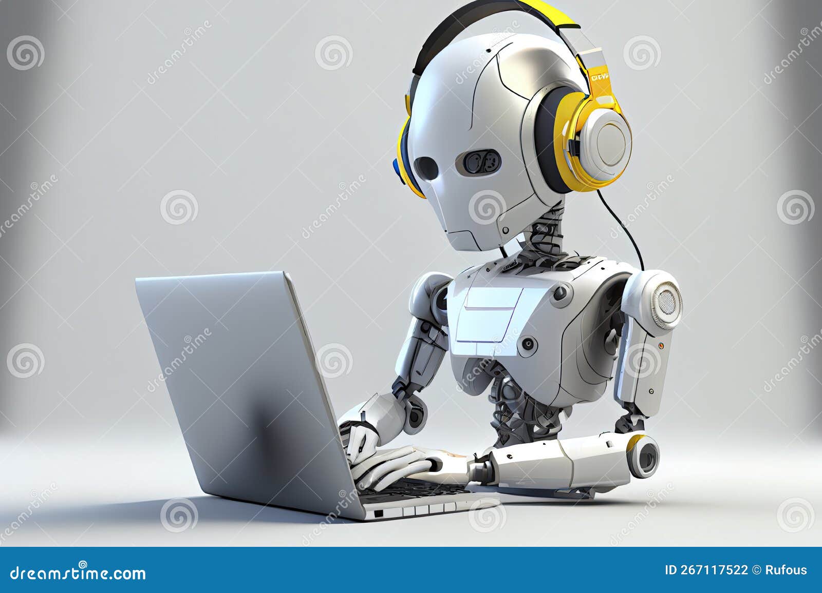 3d Rendering Humanoid Robot Working with Headset and Notebook Stock Illustration - Illustration ...