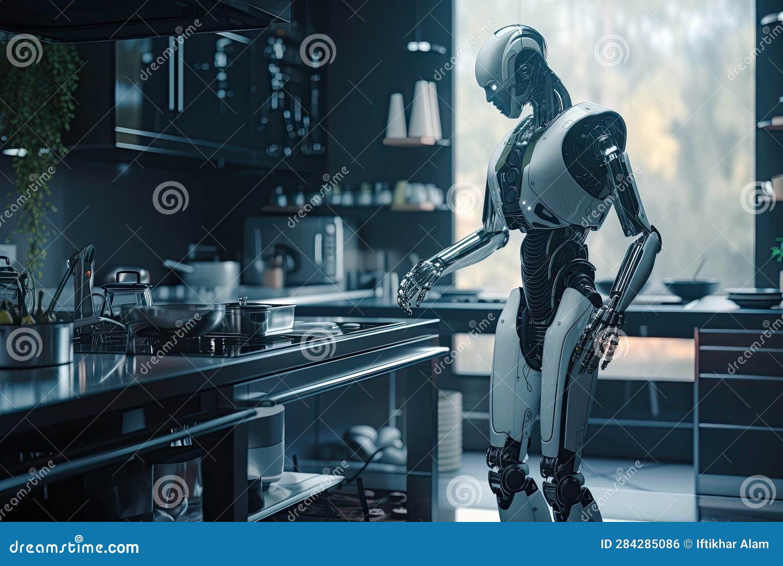 3d Rendering Humanoid Robot Working in the Kitchen of a Modern House ...