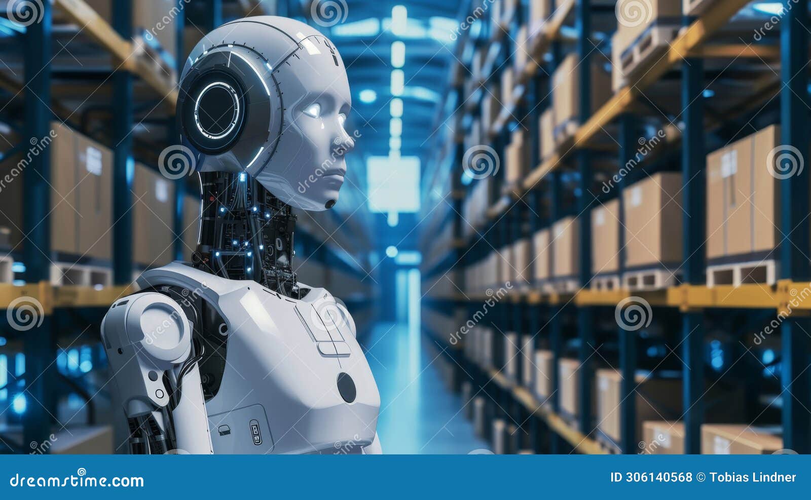 3d Rendering Humanoid Robot Working in Warehouse or Warehouse with ...