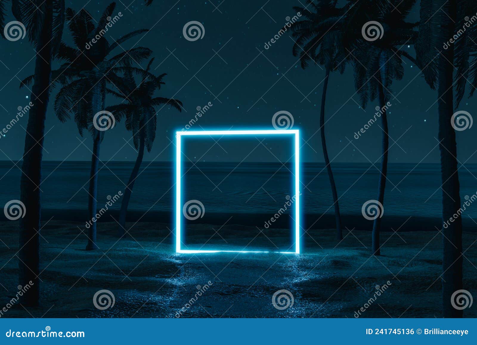 3d Rendering of Illuminated Square Frame on Beach Sand and Palm Avenue ...