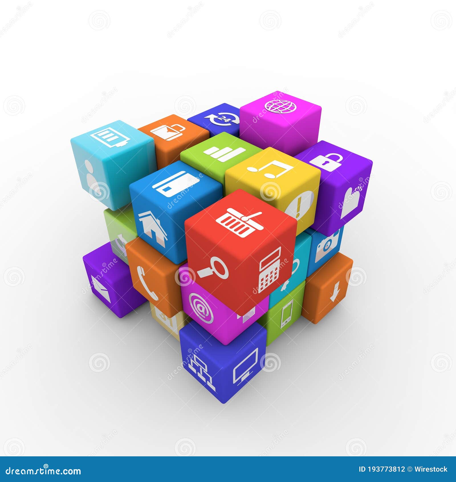 3D Rendering Illustration of a Colorful Cube with Mobile Icons on a ...