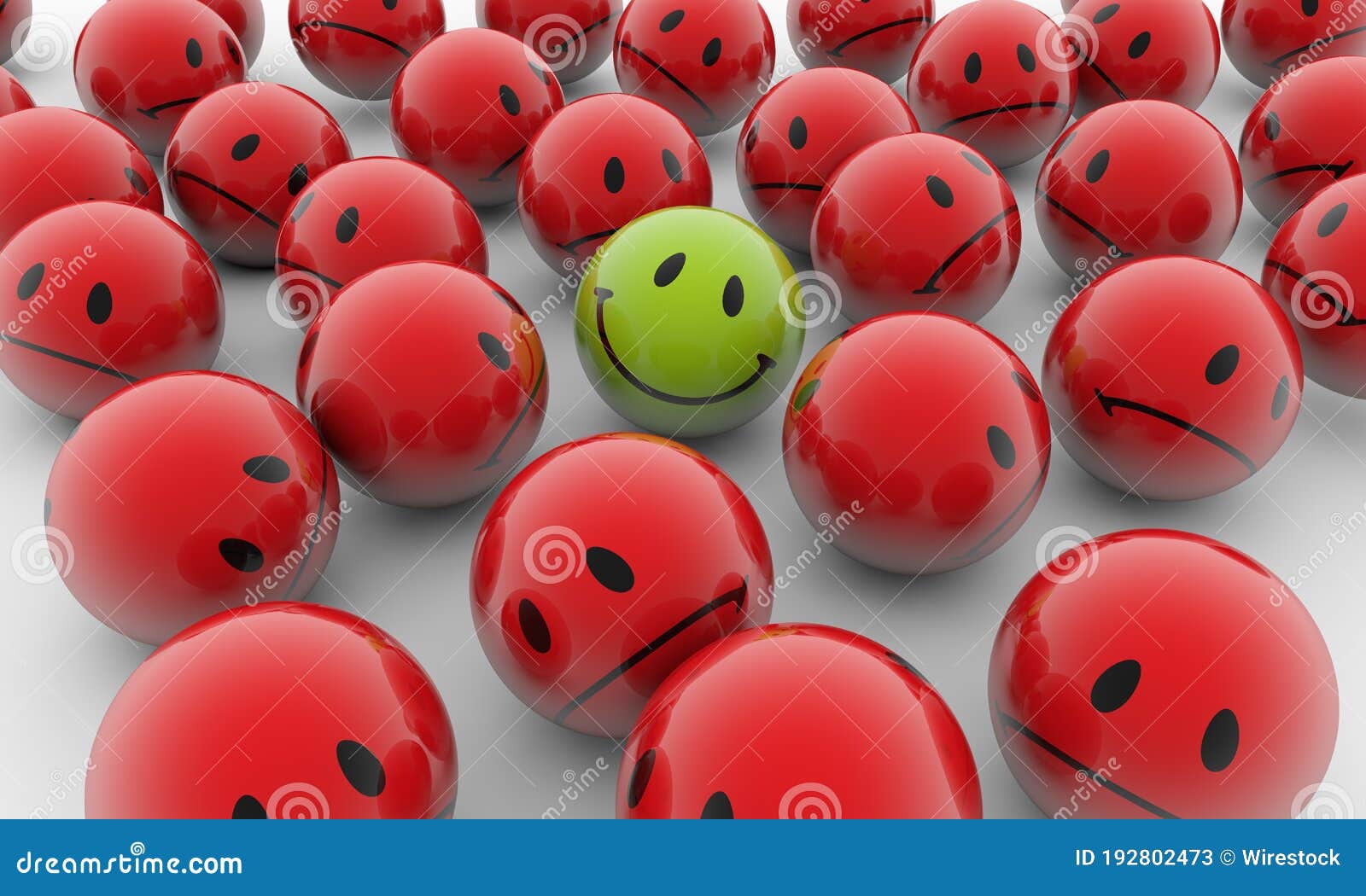 3D Rendering Illustration of Red Balls with Sad Emotions and a Green ...