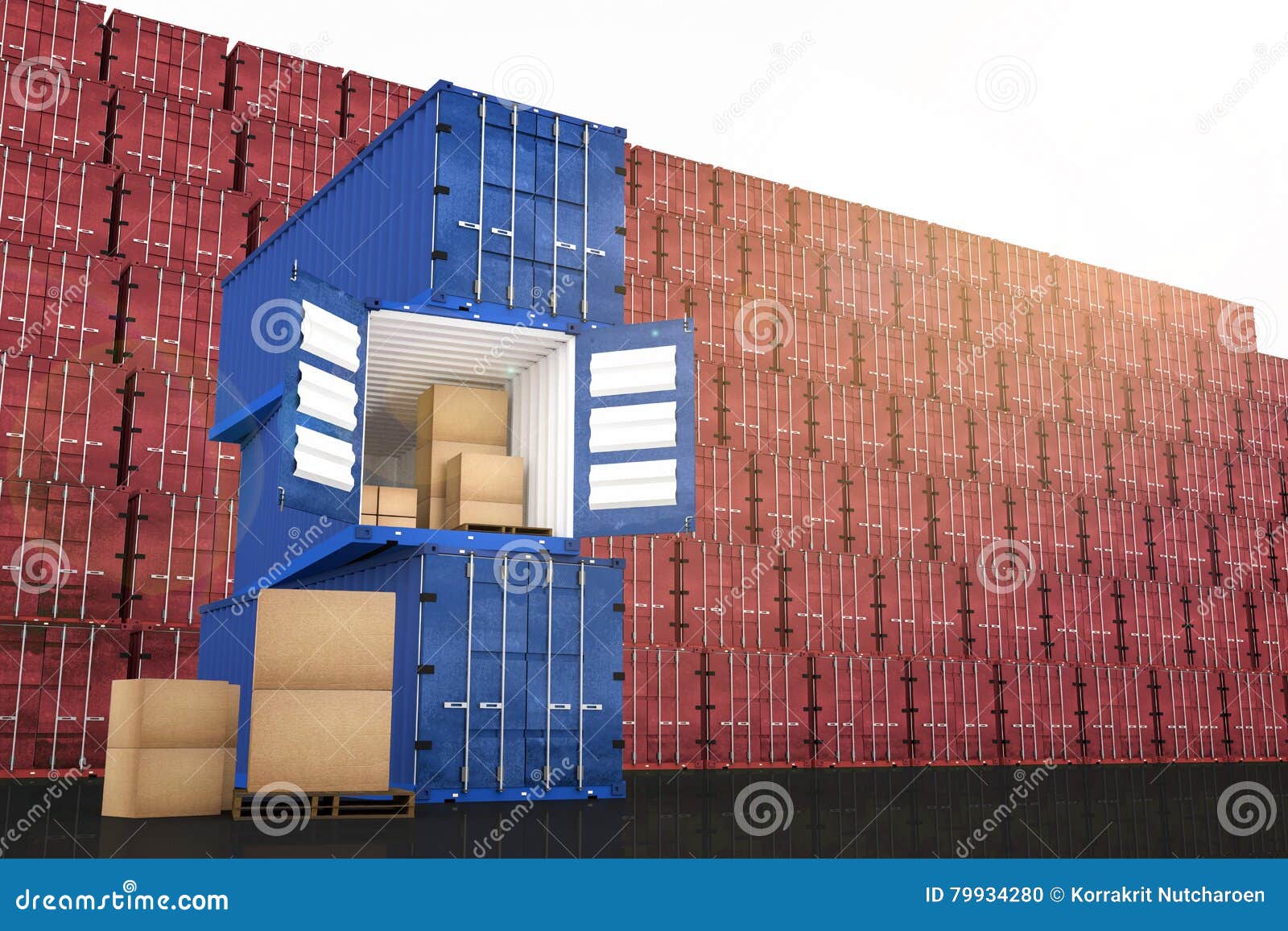 3D Rendering : Illustration of Stacked Blue Container with Cardboard ...