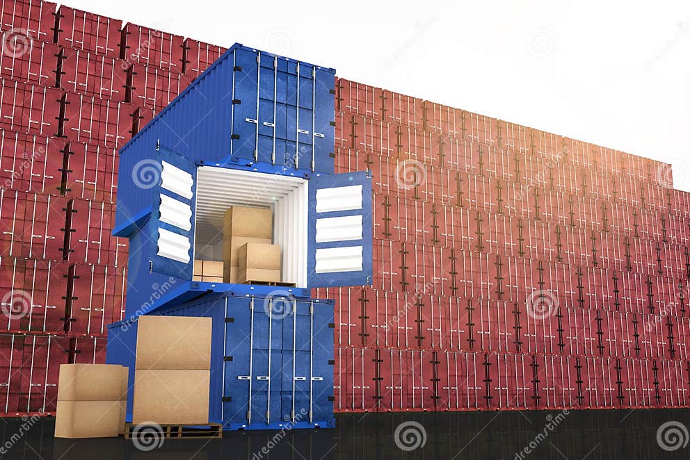3D Rendering : Illustration of Stacked Blue Container with Cardboard ...