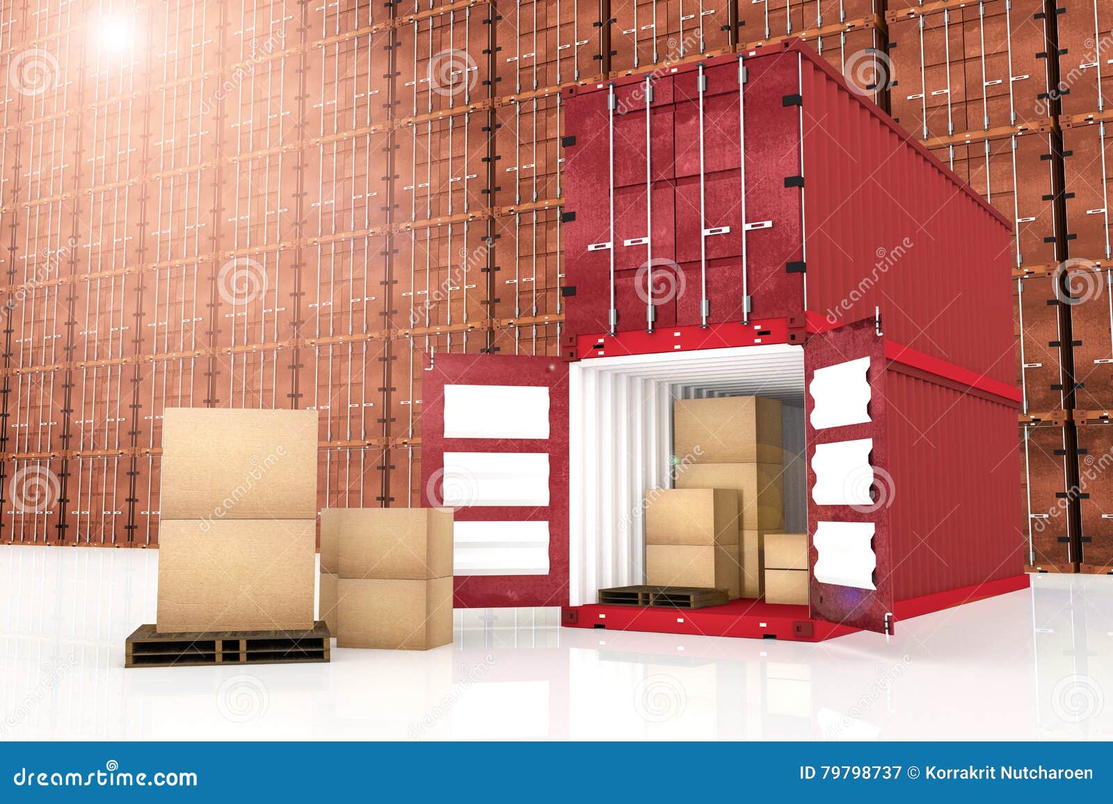3D Rendering : Illustration of Stacked Red Container with Cardboard ...