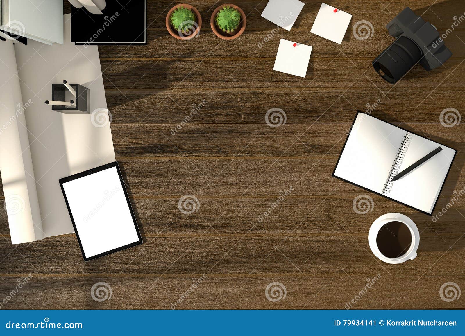 3D Rendering : Illustration of Top View Modern Creative Workplace ...