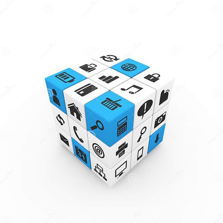 3D Rendering Illustration of a White Blue Cube with Mobile Icons on a ...