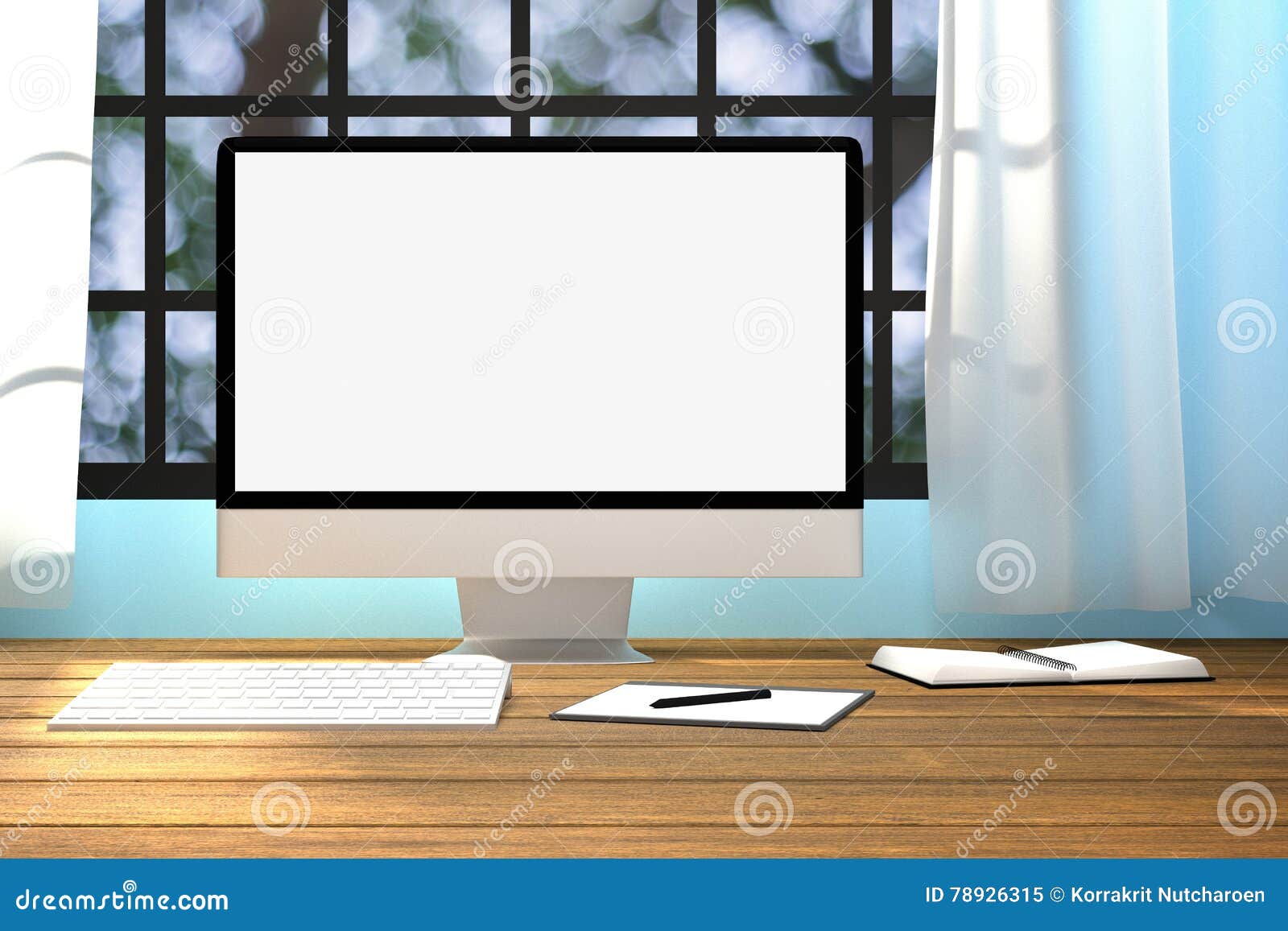 3D Rendering : Illustration of Workplace Mockup.PC Moniter on Wooden ...