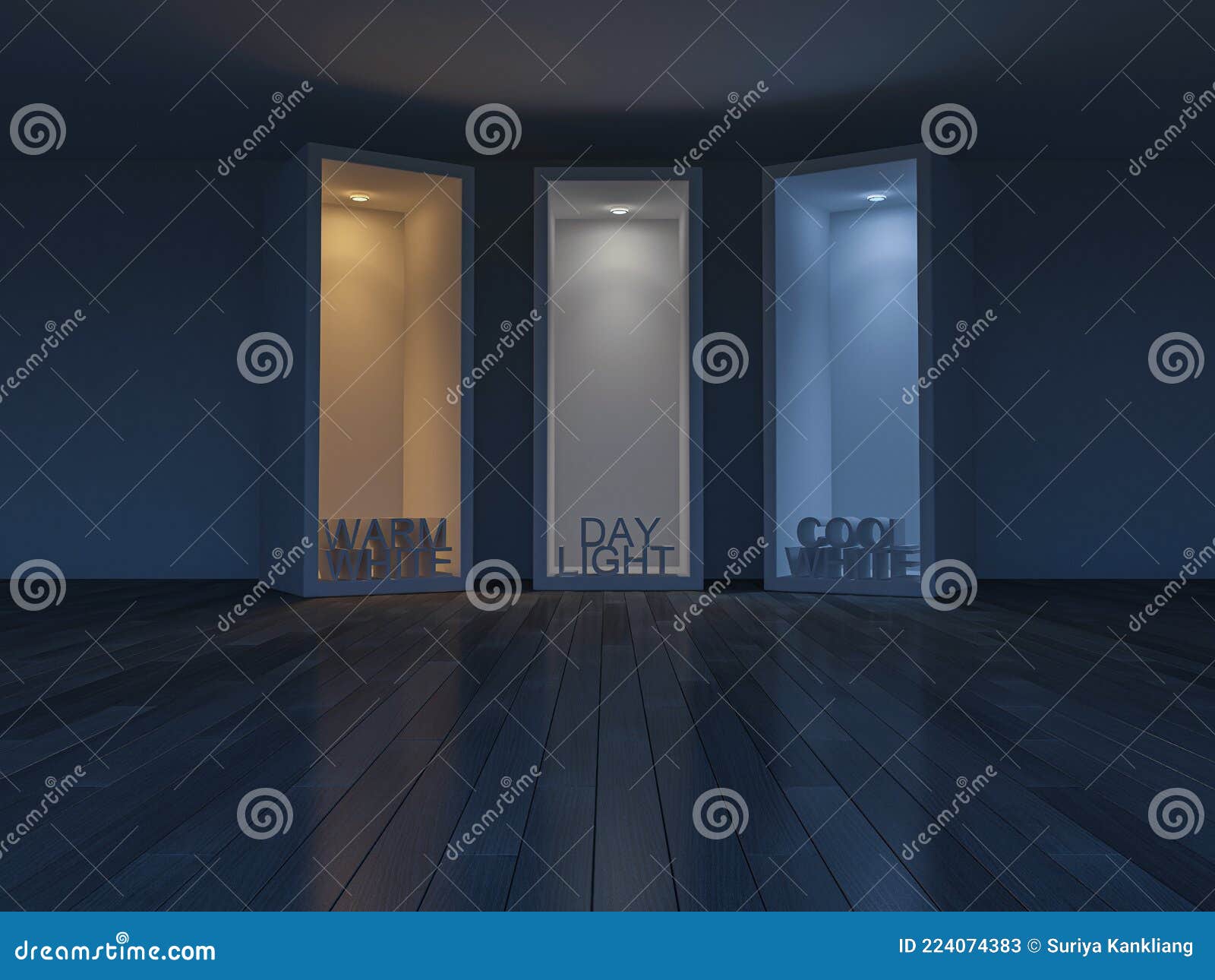 3D Rendering Image of 3 Boxes Which Different Light Effect Stock ...