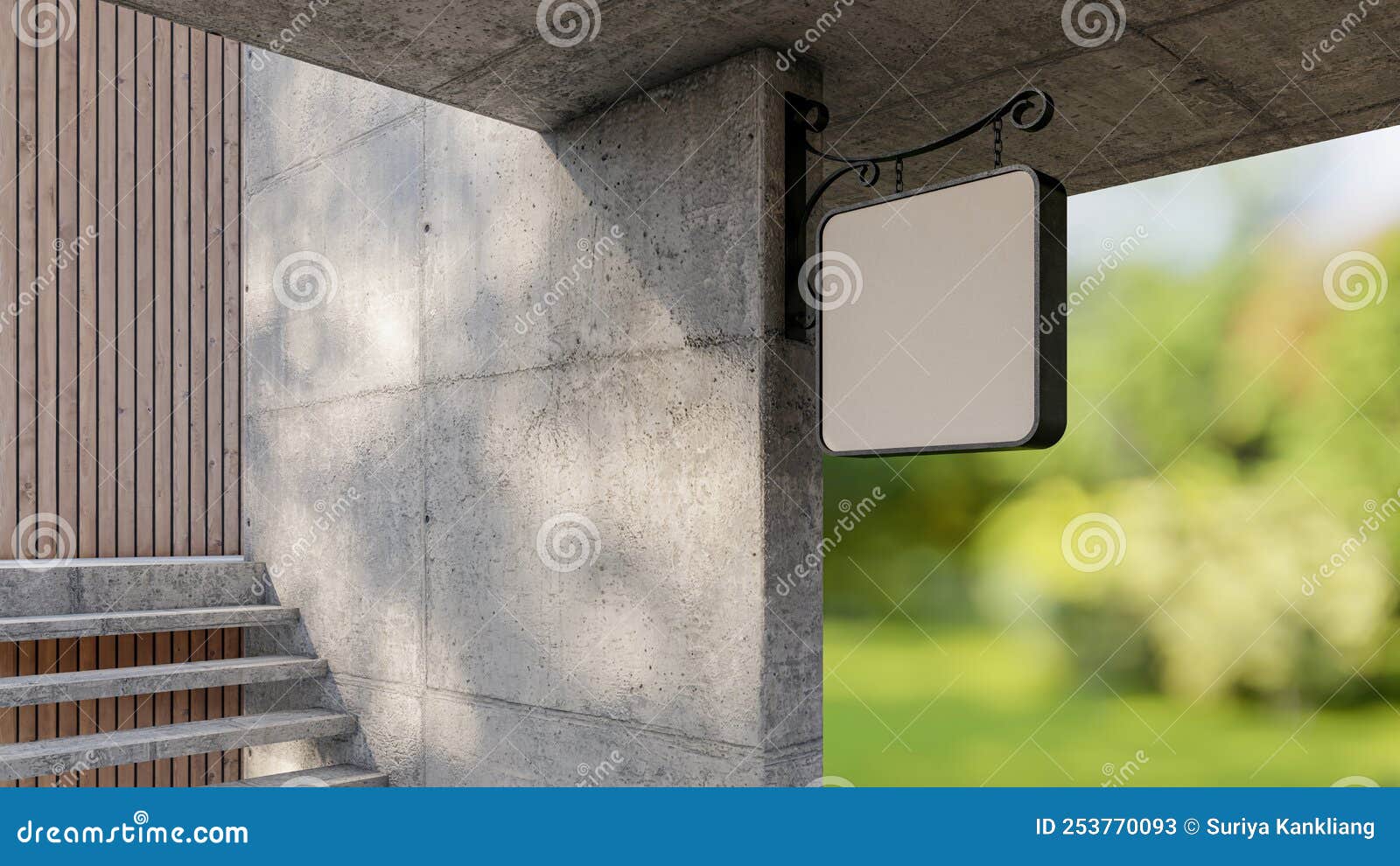 A 3d Rendering Image of Sign on the Concrete Wall and Wooden Wall Stock ...