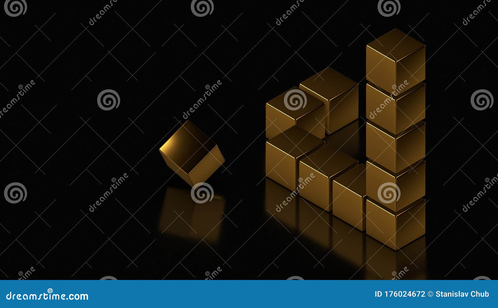 3D Rendering of an Impossible Triangle of Gold Cubes on a Black Surface ...