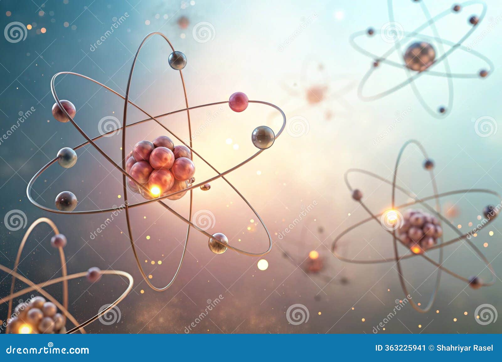 3D Rendering Of Impression Of Atoms With Electrons Stock Photo ...