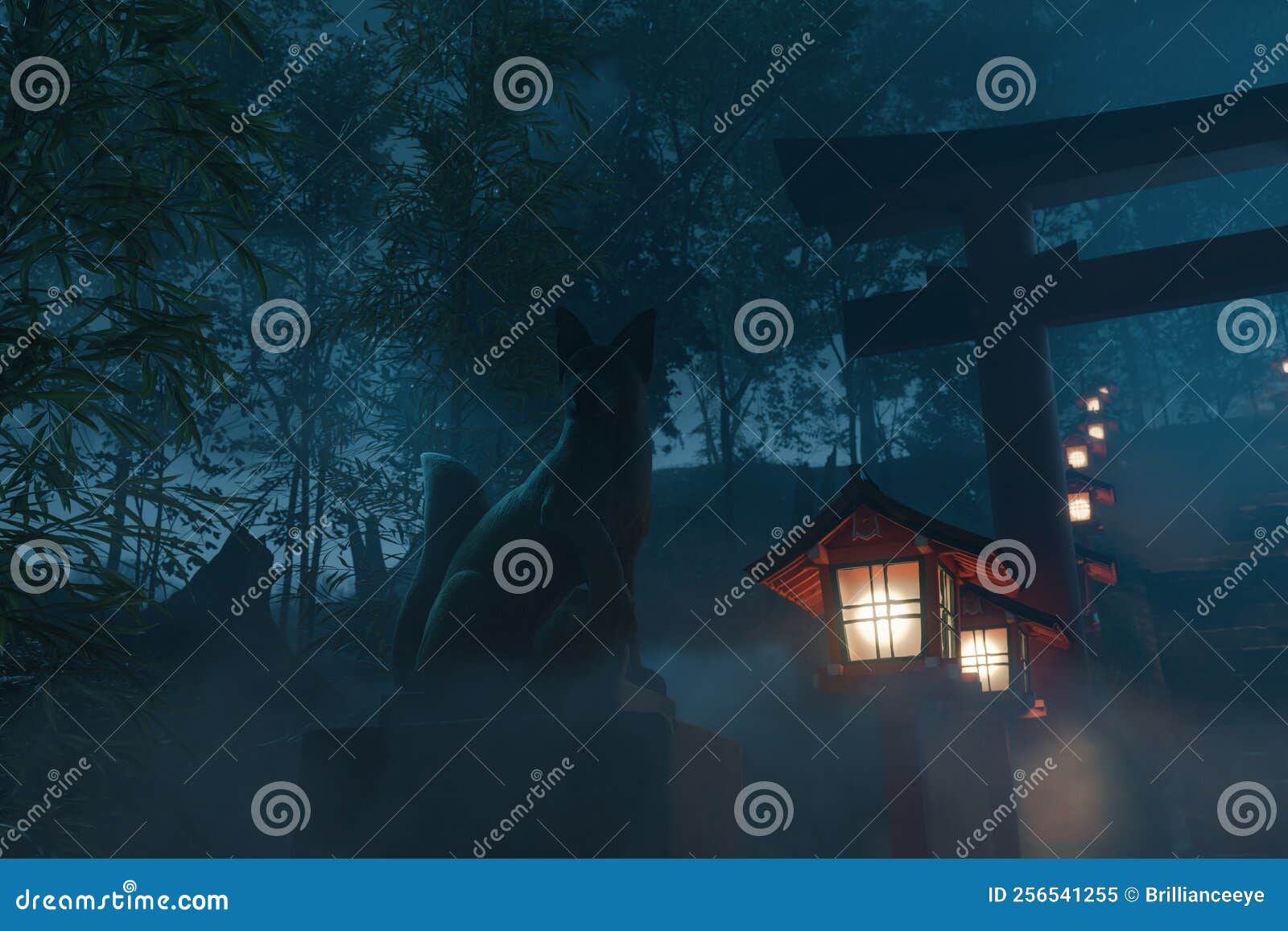 3D Rendering of Inari Fox Statue in Front of Japanese Shrine with Big ...