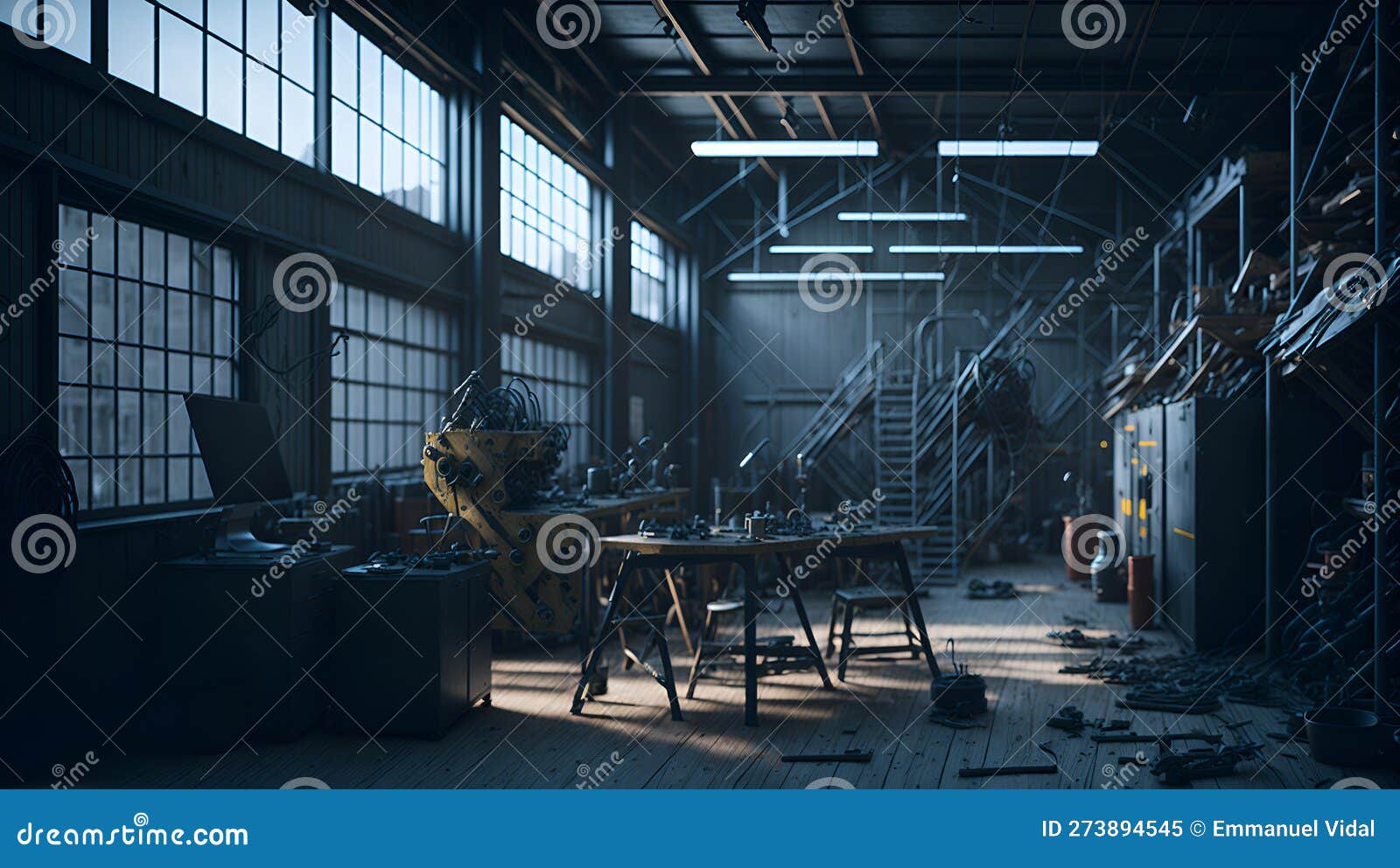 3d Rendering of Industrial Interior with Tools and Equipment. Mixed ...