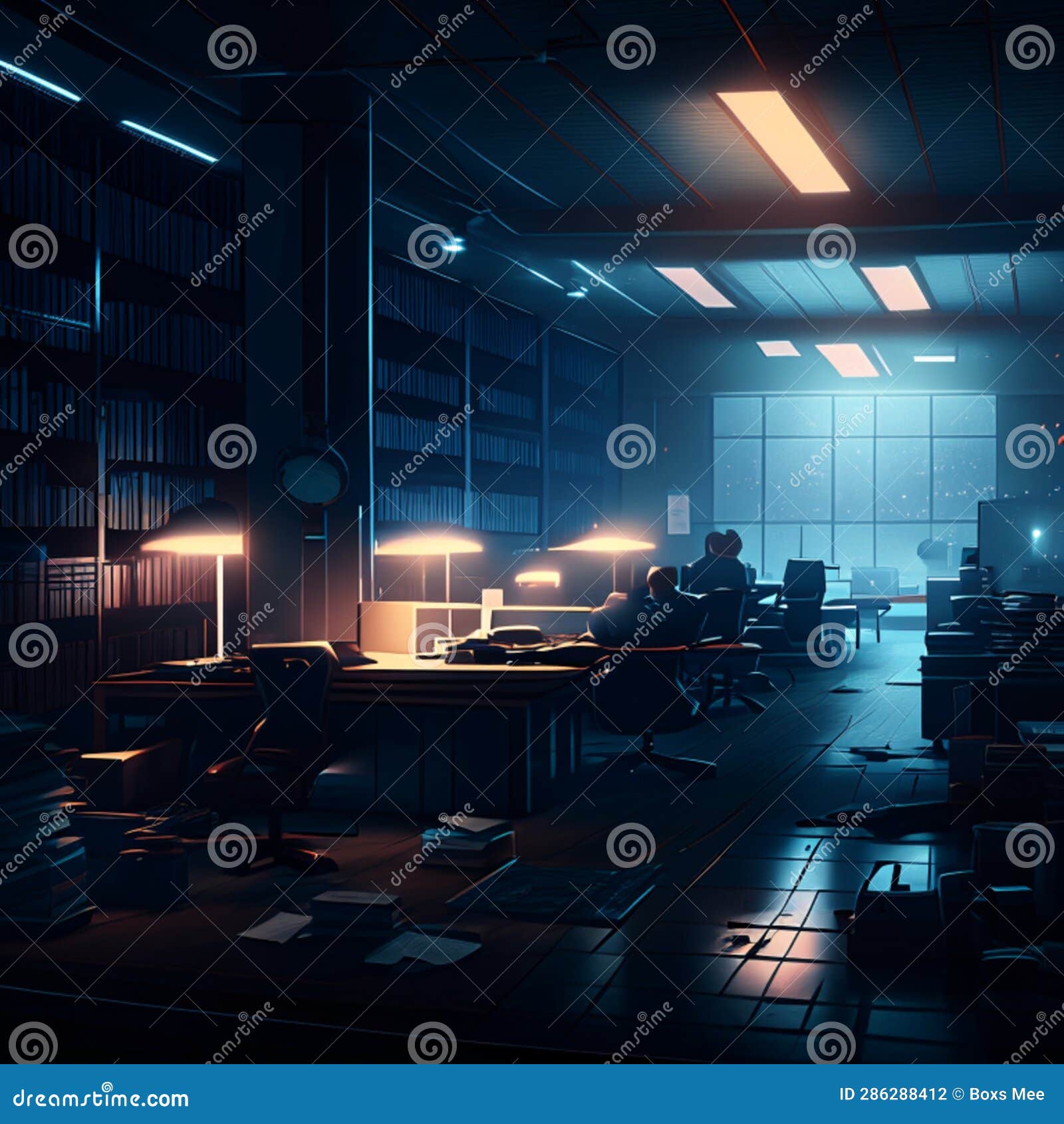 3d Rendering of Interior of a Dark Office with Neon Lights. Generative ...
