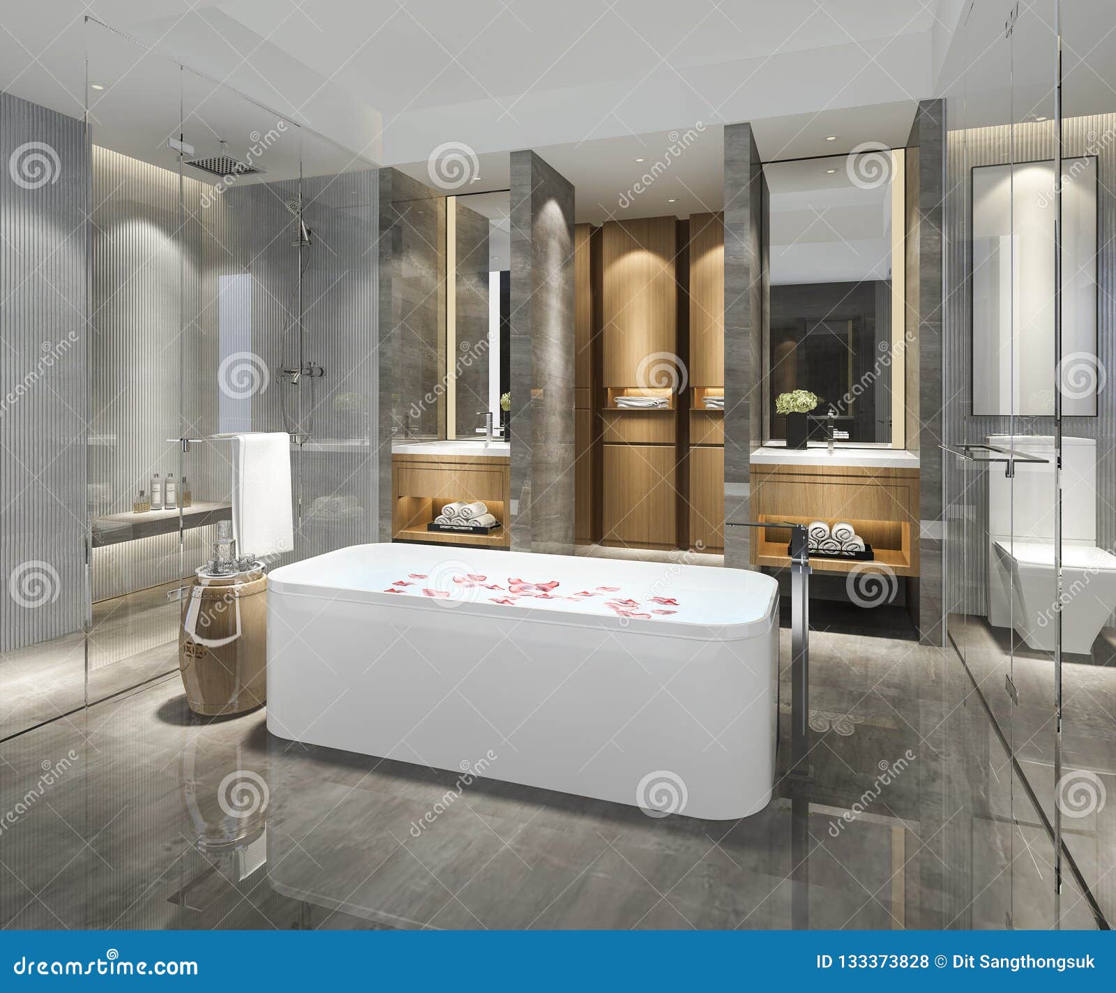 3d Rendering Modern Bathroom with Luxury Tile Decor Stock Illustration ...