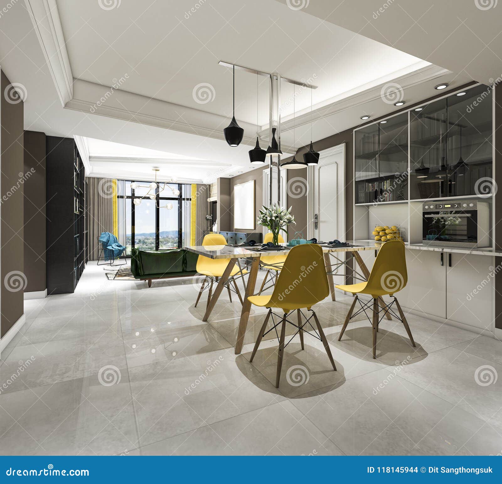 3d Rendering Modern Dining and Kitchen Near Living Room Stock ...