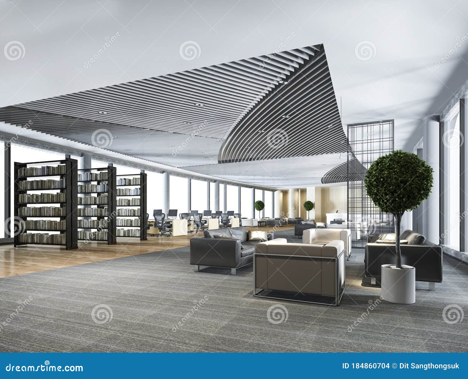 3d Rendering Elegant Lounge Lobby Area and Library with Working Desk ...