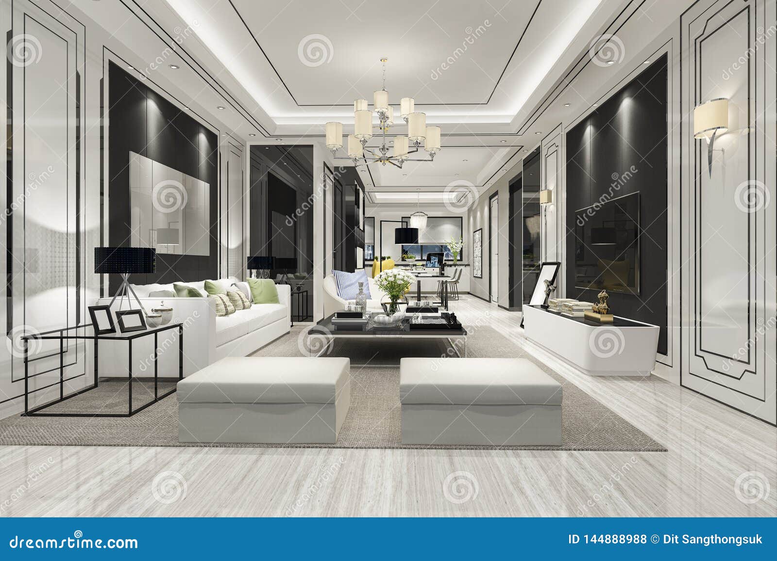 3d Rendering Modern Dining Room and Living Room with Luxury Decor Stock ...