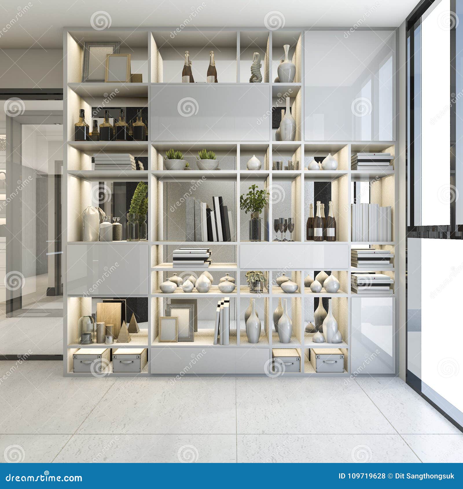 3d Rendering Modern Shelf Design in Near Corridor and Window Stock ...