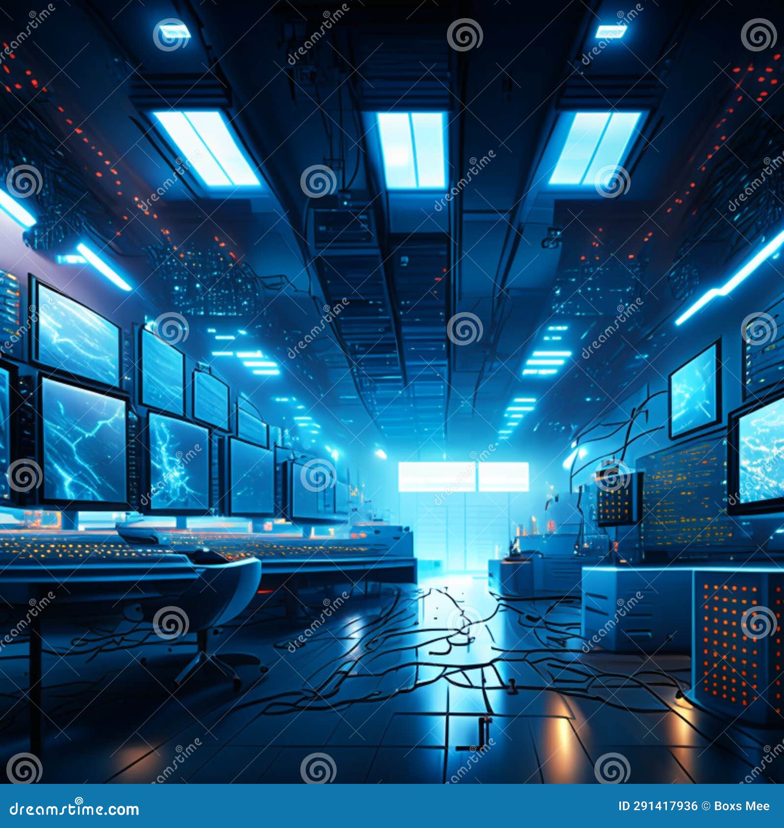 3D Rendering of the Interior of a Futuristic Server Room with Blue ...