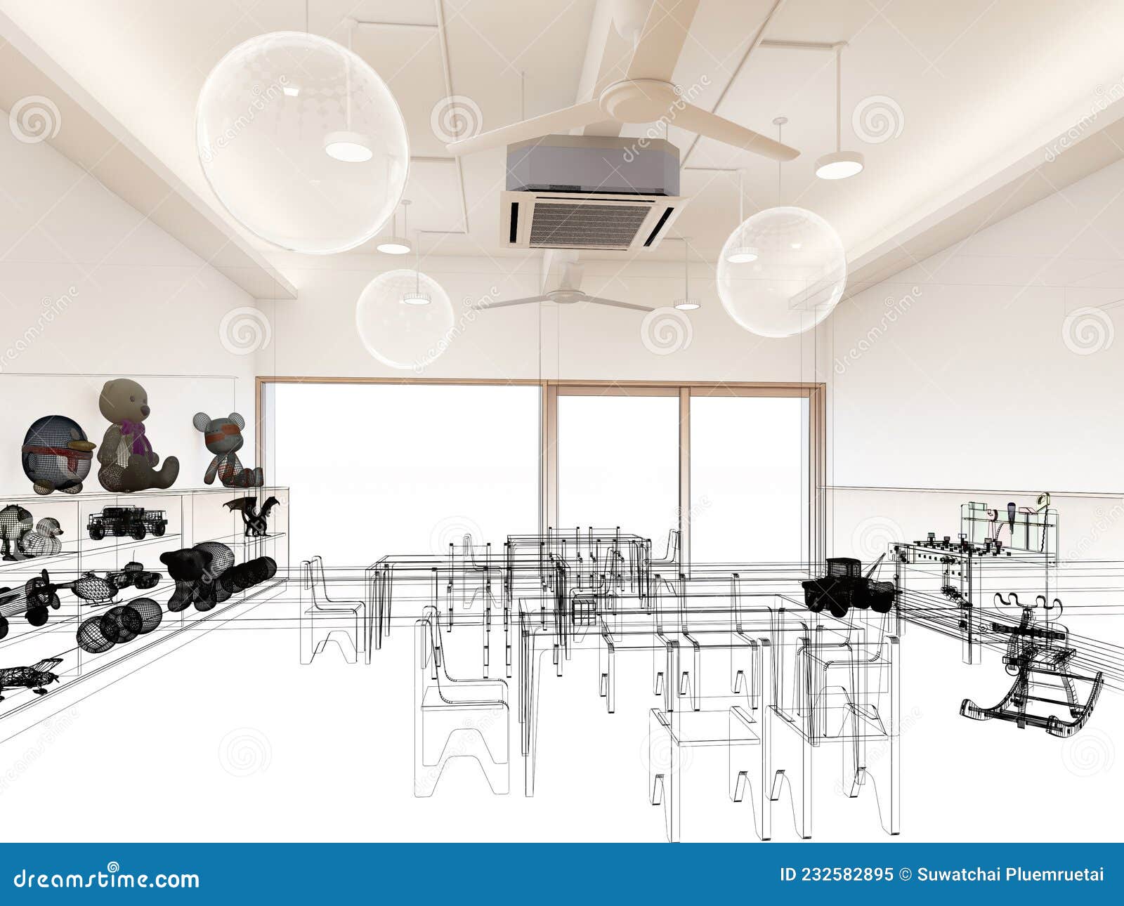 3d Rendering Of Class Room Interior Design, Cabinet In Front Of The ...