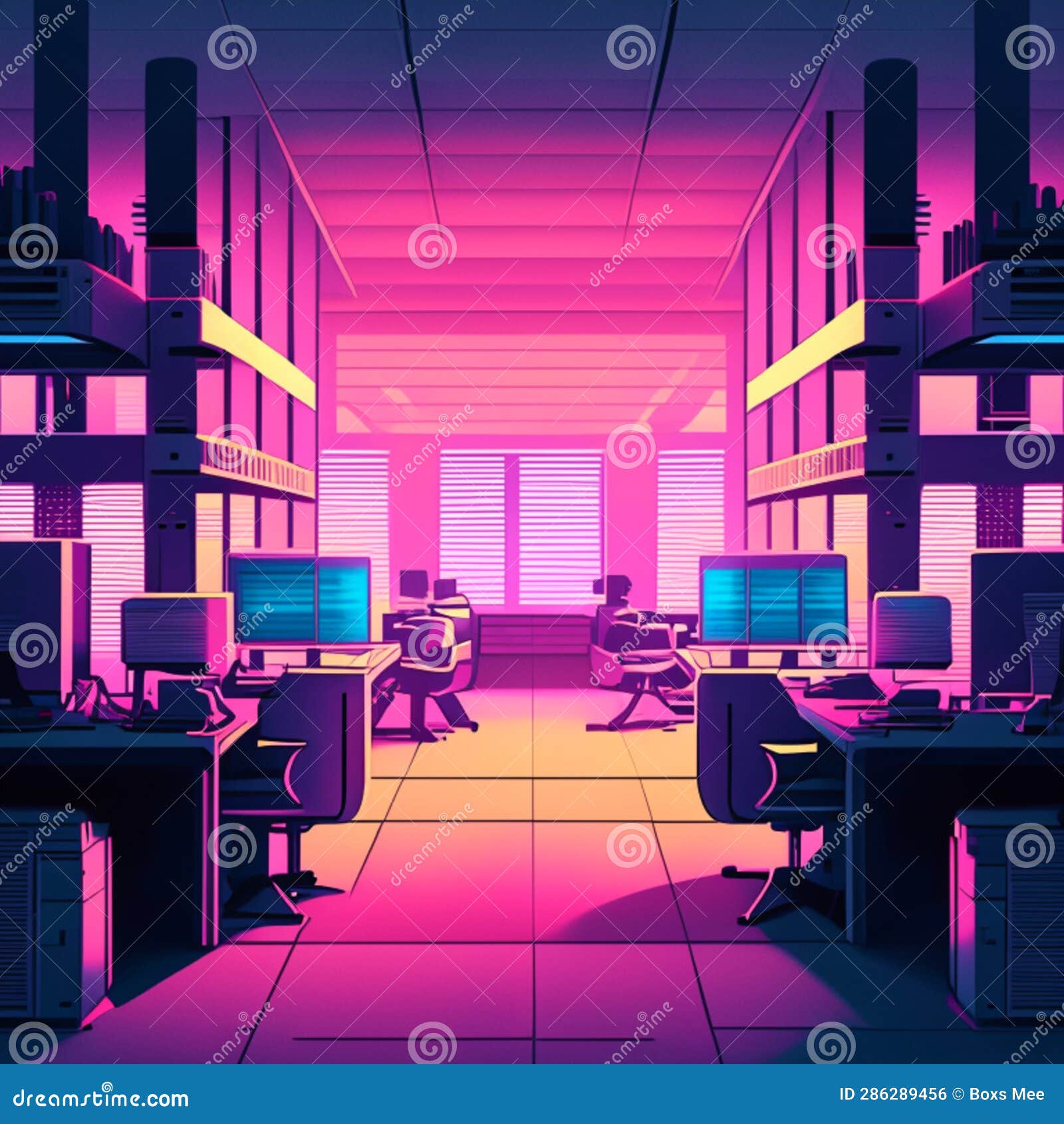 3D Rendering of the Interior of a Modern Computer Room. the Room is Lit ...