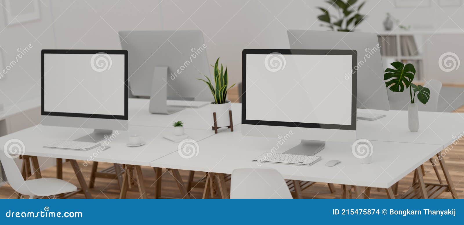 3D Rendering, Interior Office Design with Office Desk with Four ...