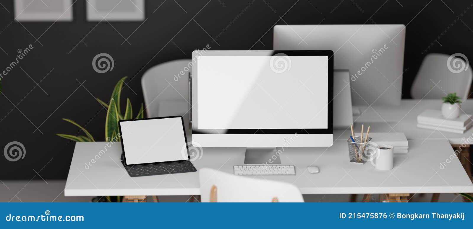 3D Rendering, Interior Office Design with Two Office Desk Opposite Each ...