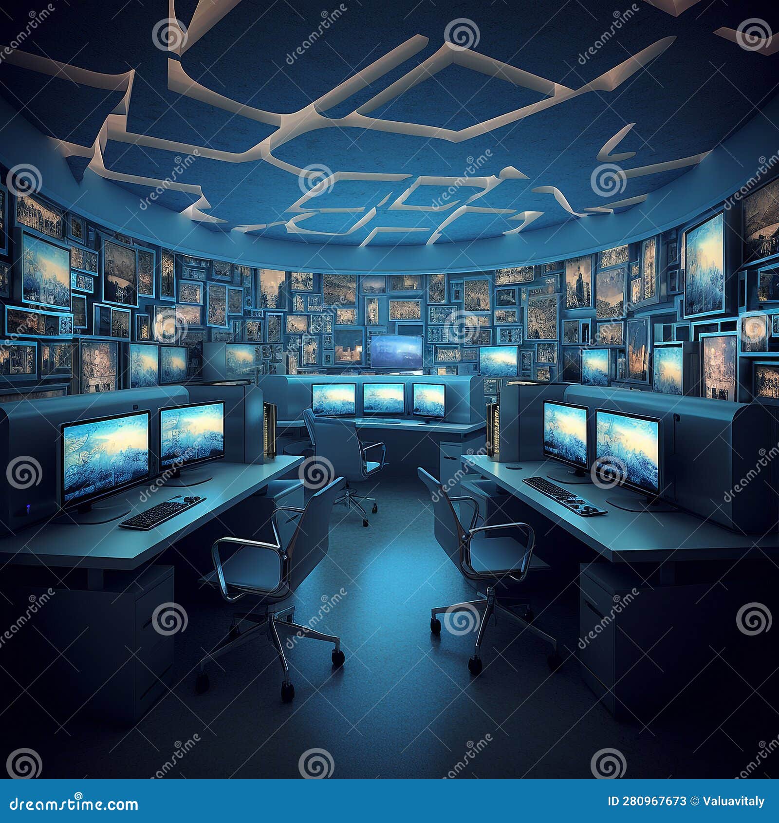 3D Rendering, Interior of a Room with Computers and Photos on Wall ...