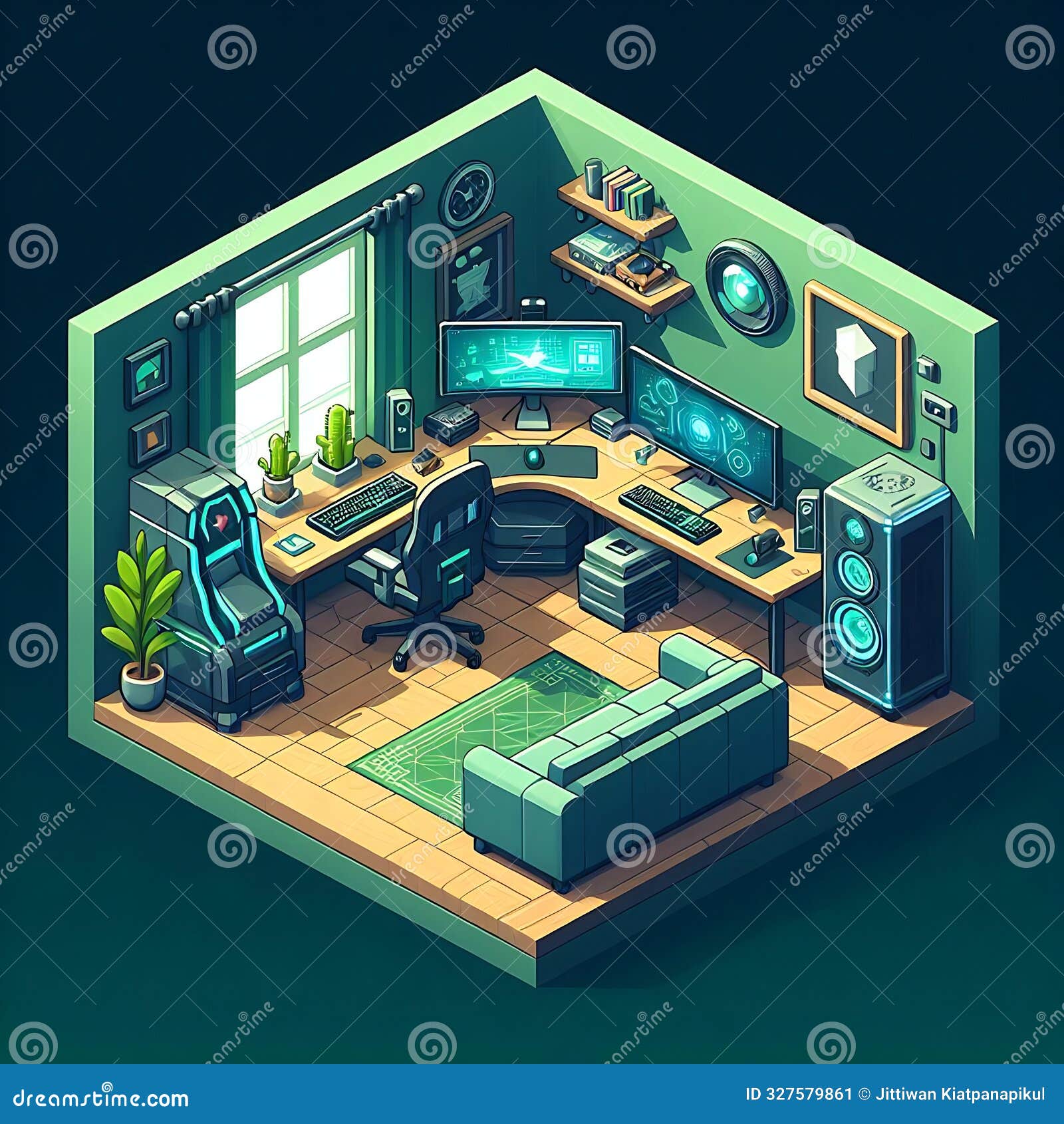 3d Rendering of Isometric Green Gaming Room with Computer Pc Stock ...