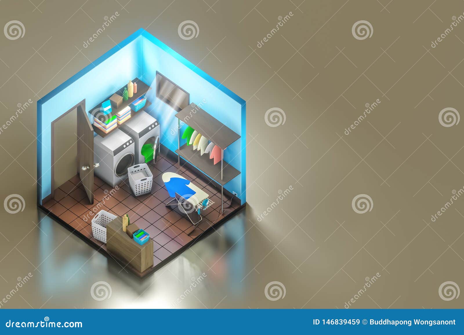 3d Rendering Isometric Shot of the Laundry Room Interior Design with ...