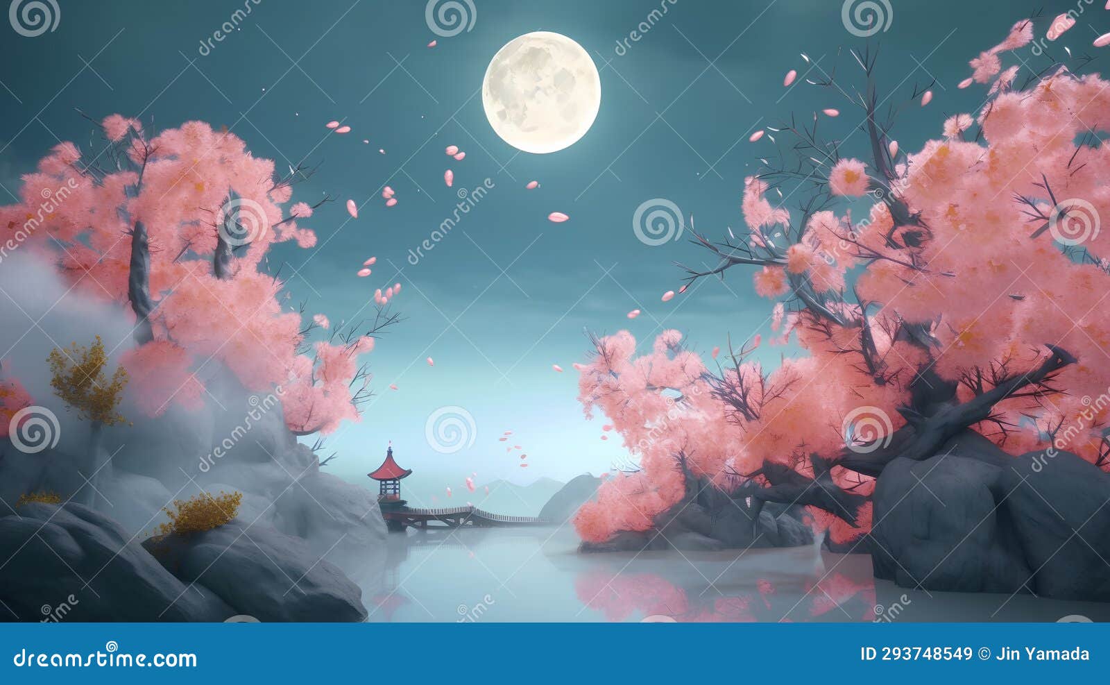 3d Rendering of a Japanese Temple with Cherry Blossoms and Full Moon ...