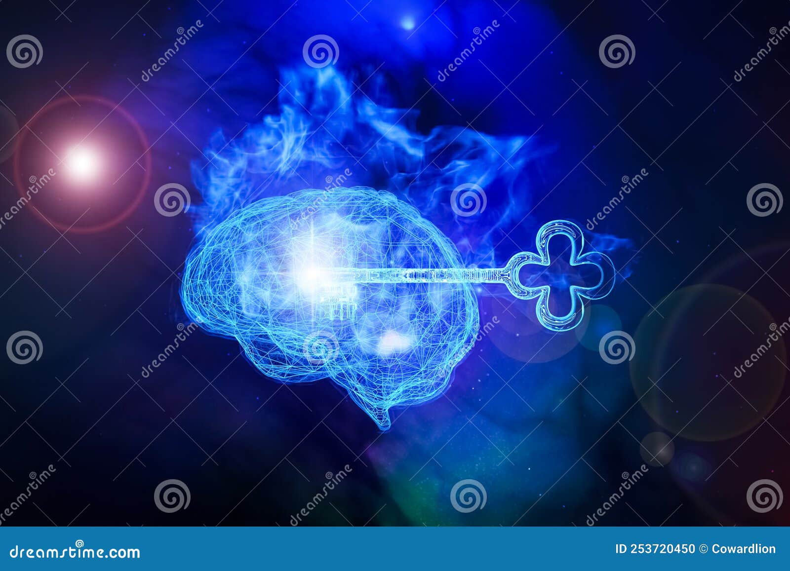 3D Rendering of a Key Penetrate Inside a Wire Brain with Blue Fire ...