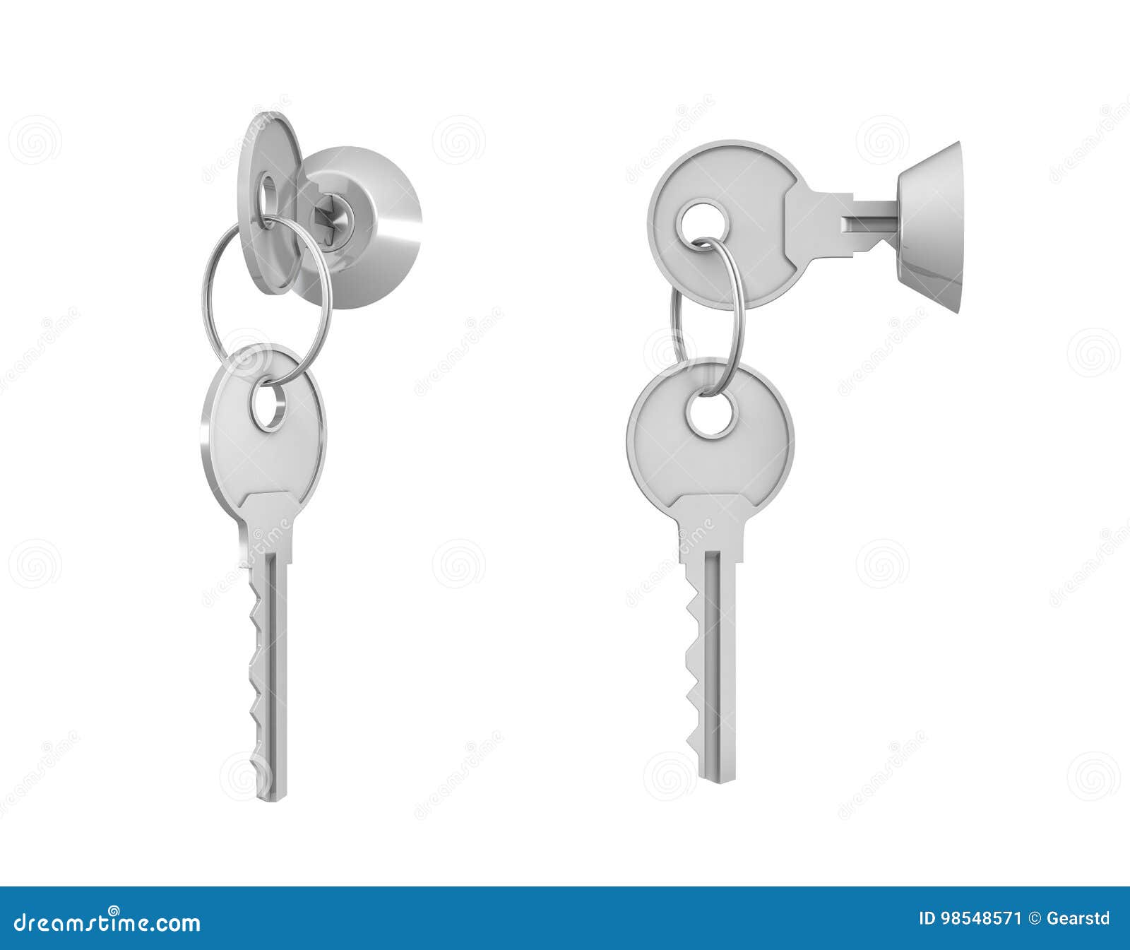 3d Rendering of 2 Keylocks with Keys in Side View and 45 Degrees View ...