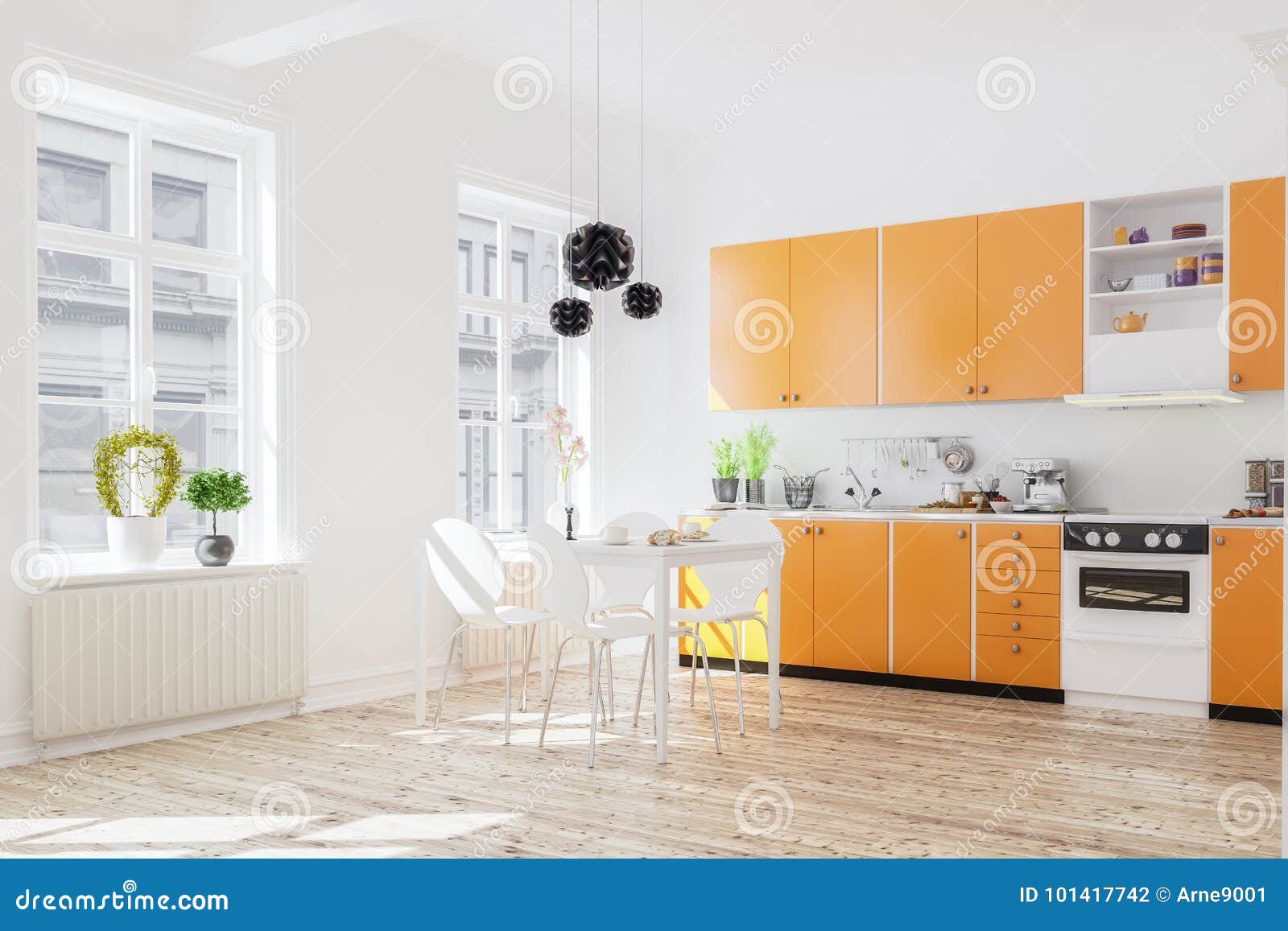 3d Rendering of Kitchen Interior in Modern Home with Dinner Tabl Stock ...