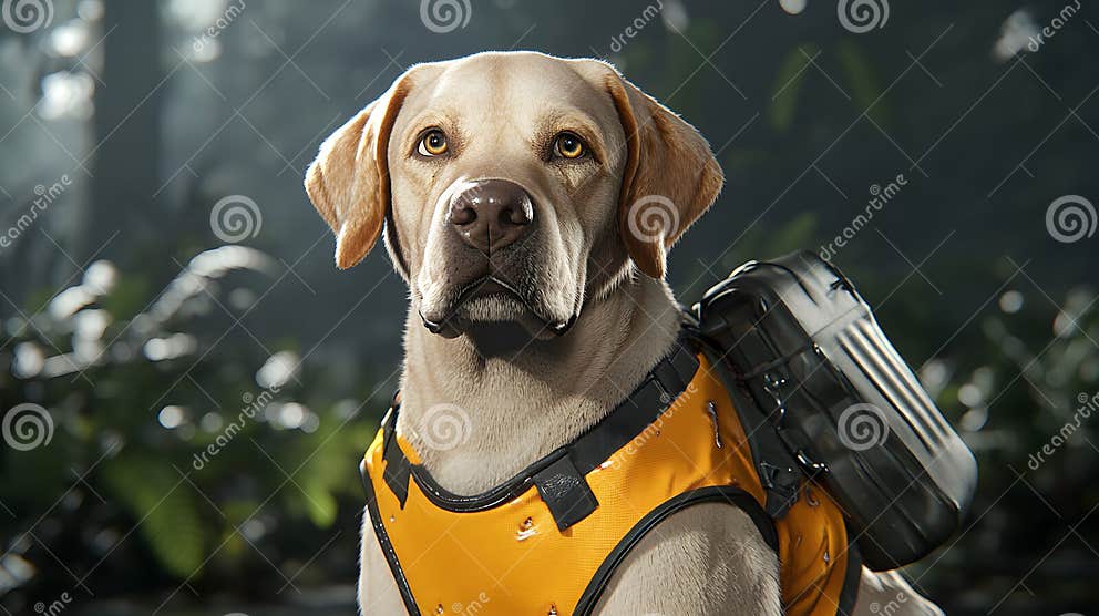 3D Rendering of Labrador Retriever Wearing Yellow Harness and Backpack ...