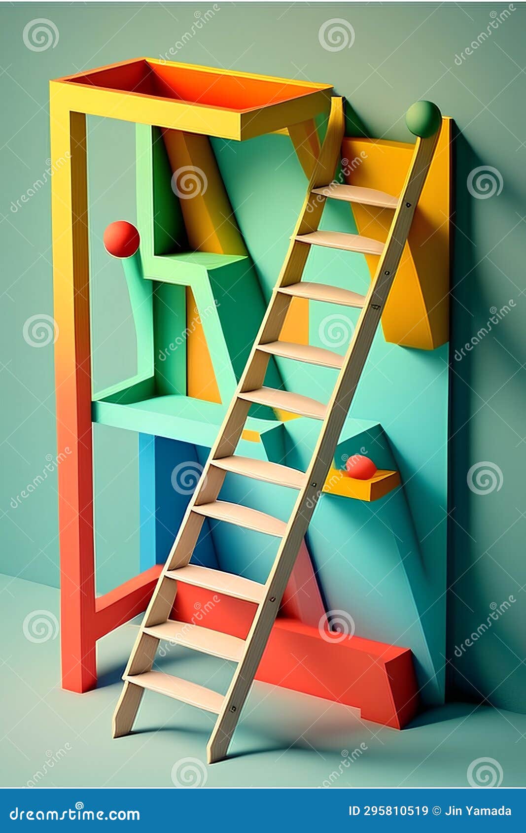 3d Rendering of a Ladder in a Colorful Room with Geometric Shapes Stock ...