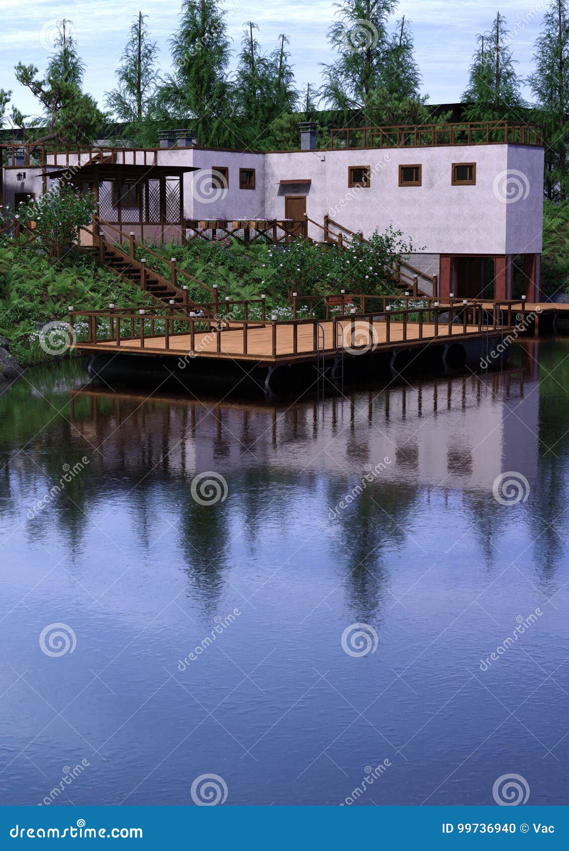 3D Rendering Lake House stock photo. Image of summer - 99736940