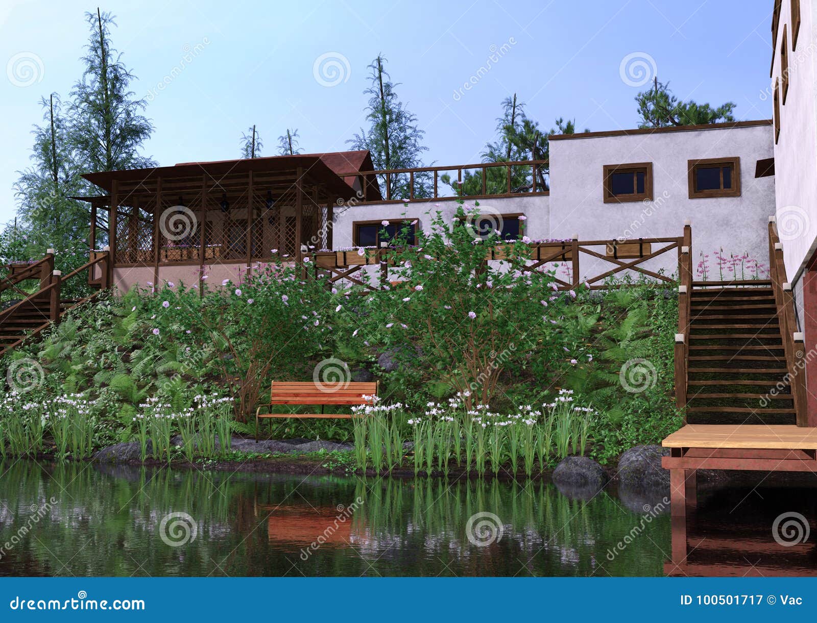 3D Rendering Lake House stock illustration. Illustration of summer ...