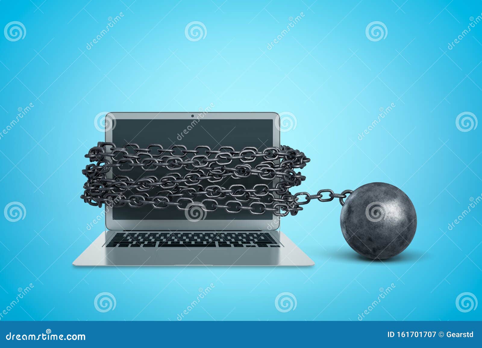3d Rendering of Laptop Chained with Metal Ball on Blue Background Stock ...