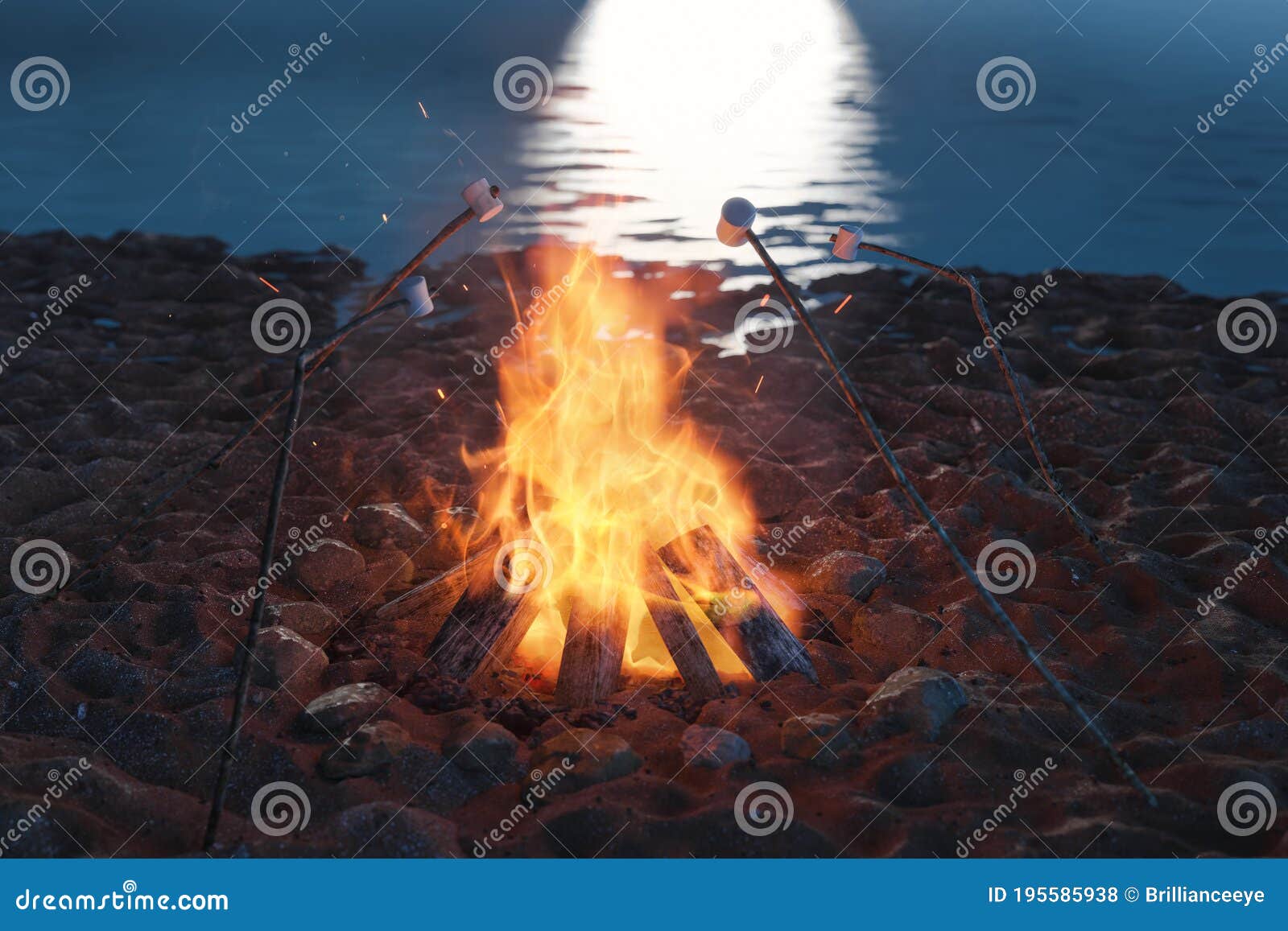3d Rendering of Large Bonfire with Sticks and Marshmallows in Front ...
