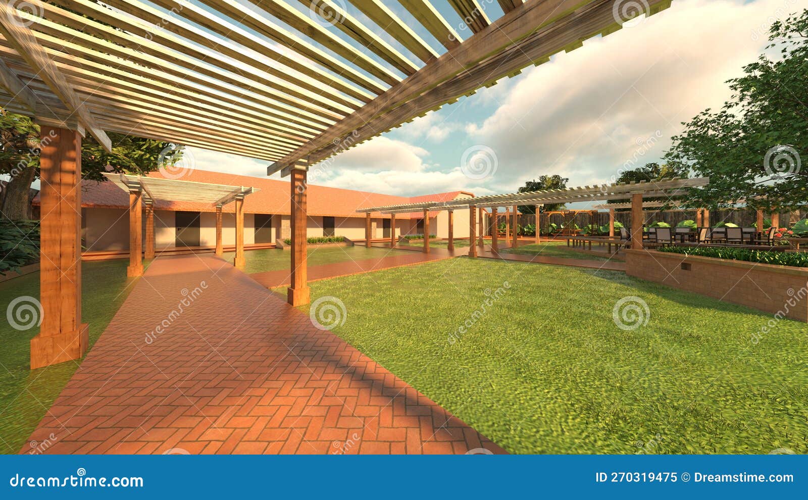 3D Rendering of the Lawn Yard with Lattice Roofed Walkway Stock ...