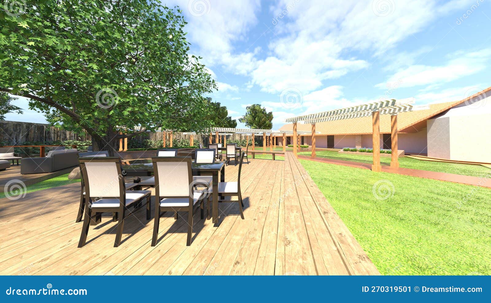 3D Rendering of the Lawn Yard with Lattice Roofed Walkway Stock ...