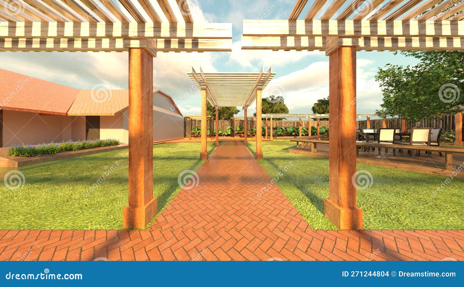 3D Rendering of the Lawn Yard with Lattice Roofed Walkway Stock ...